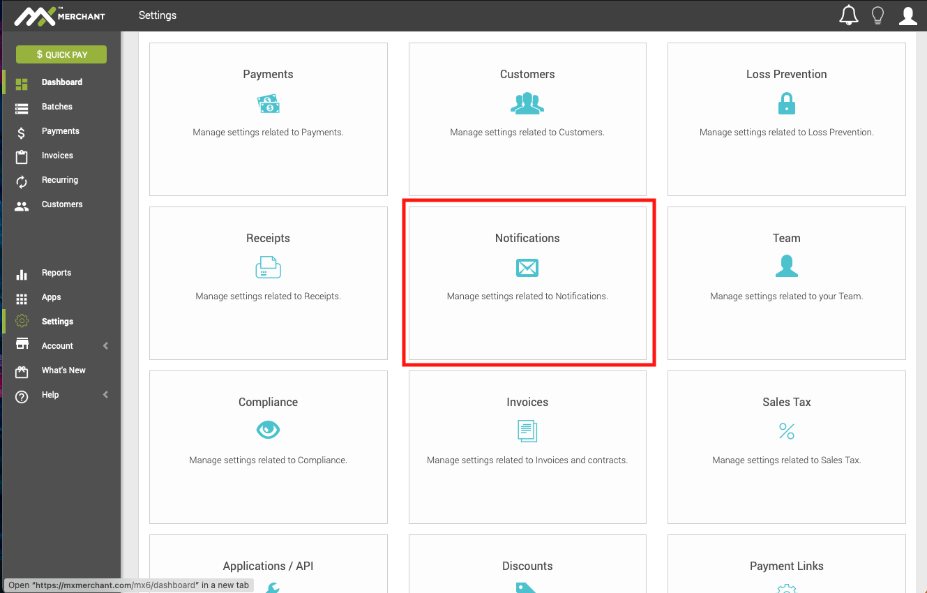 Set automatic notifications in MX Merchant | Dharma