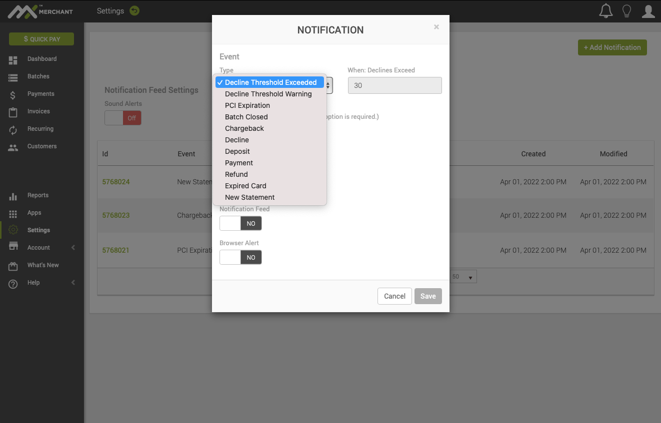 Set automatic notifications in MX Merchant | Dharma