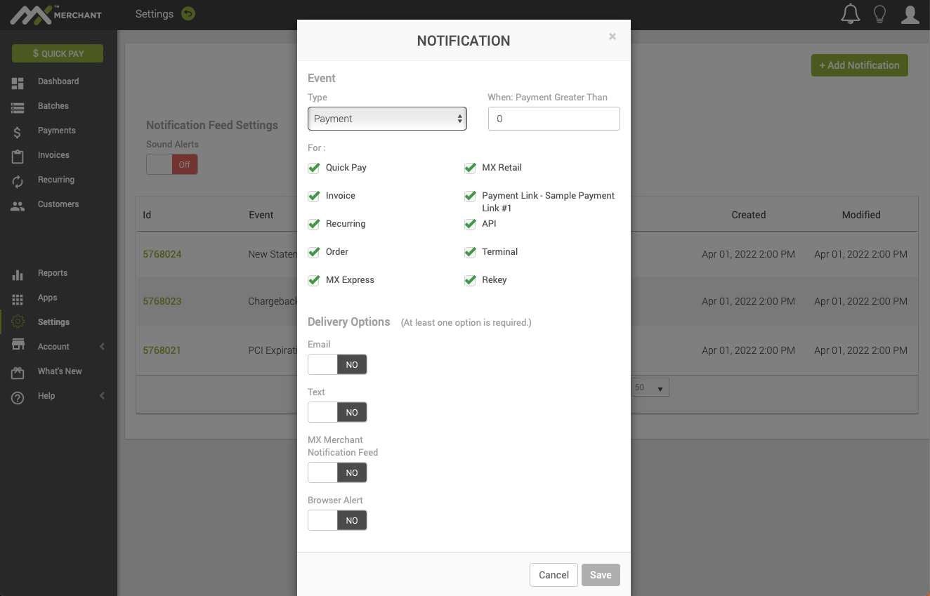 Set automatic notifications in MX Merchant | Dharma