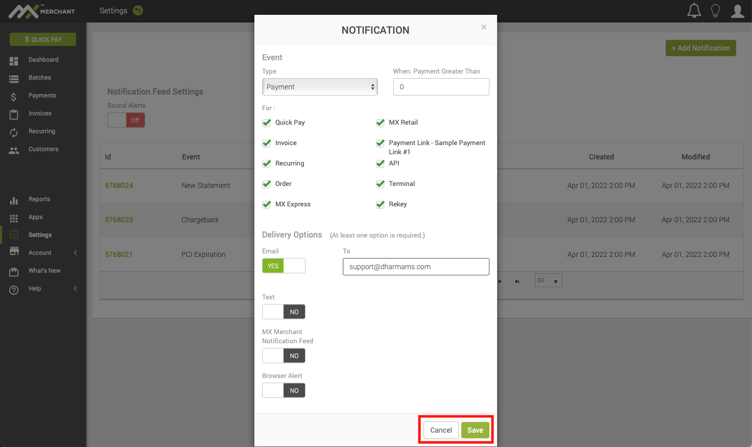 Set automatic notifications in MX Merchant | Dharma